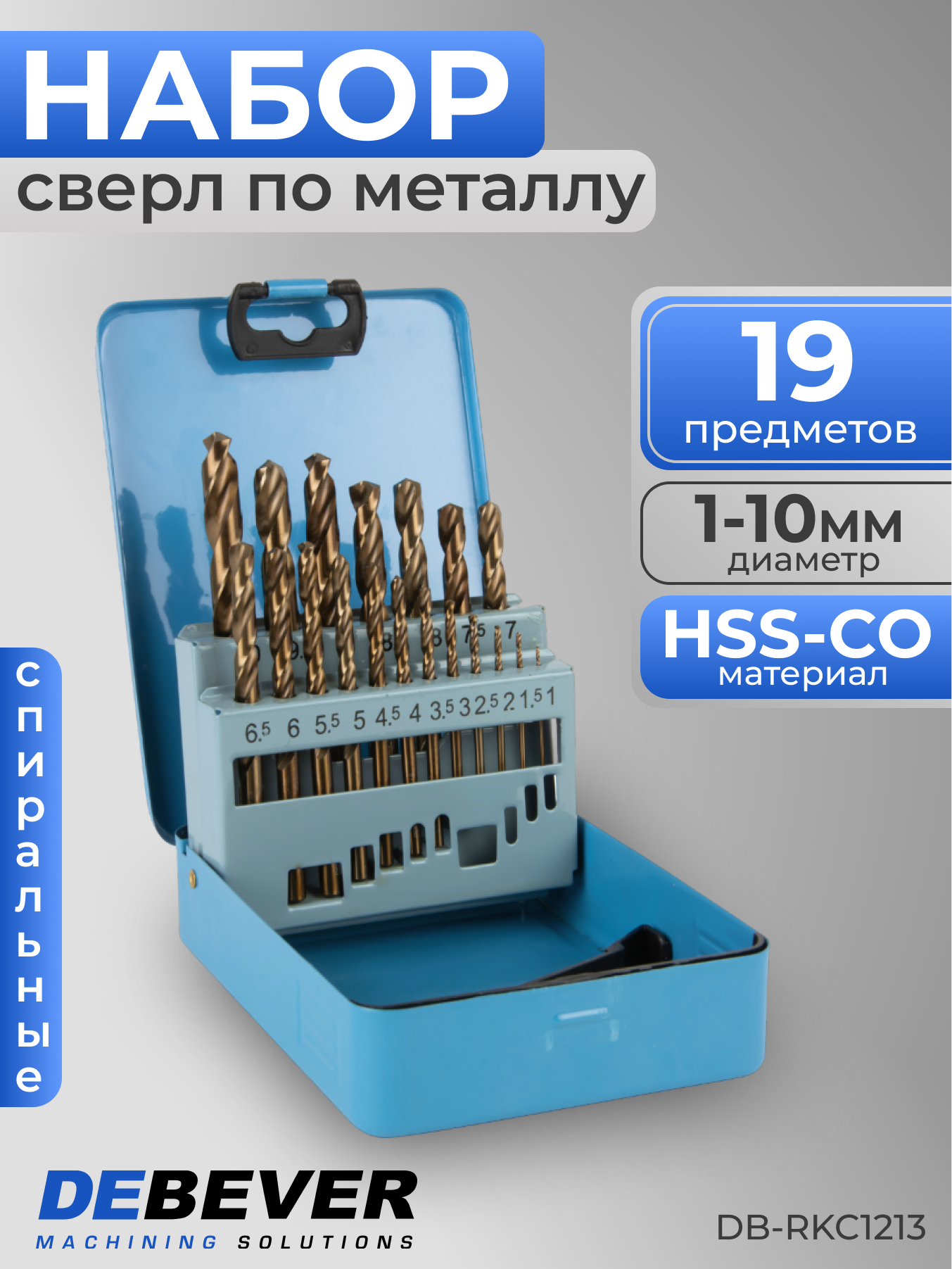Набор сверл спиральных по металлу, 1-10мм, HSS-Co, DIN 338, 19 предметов