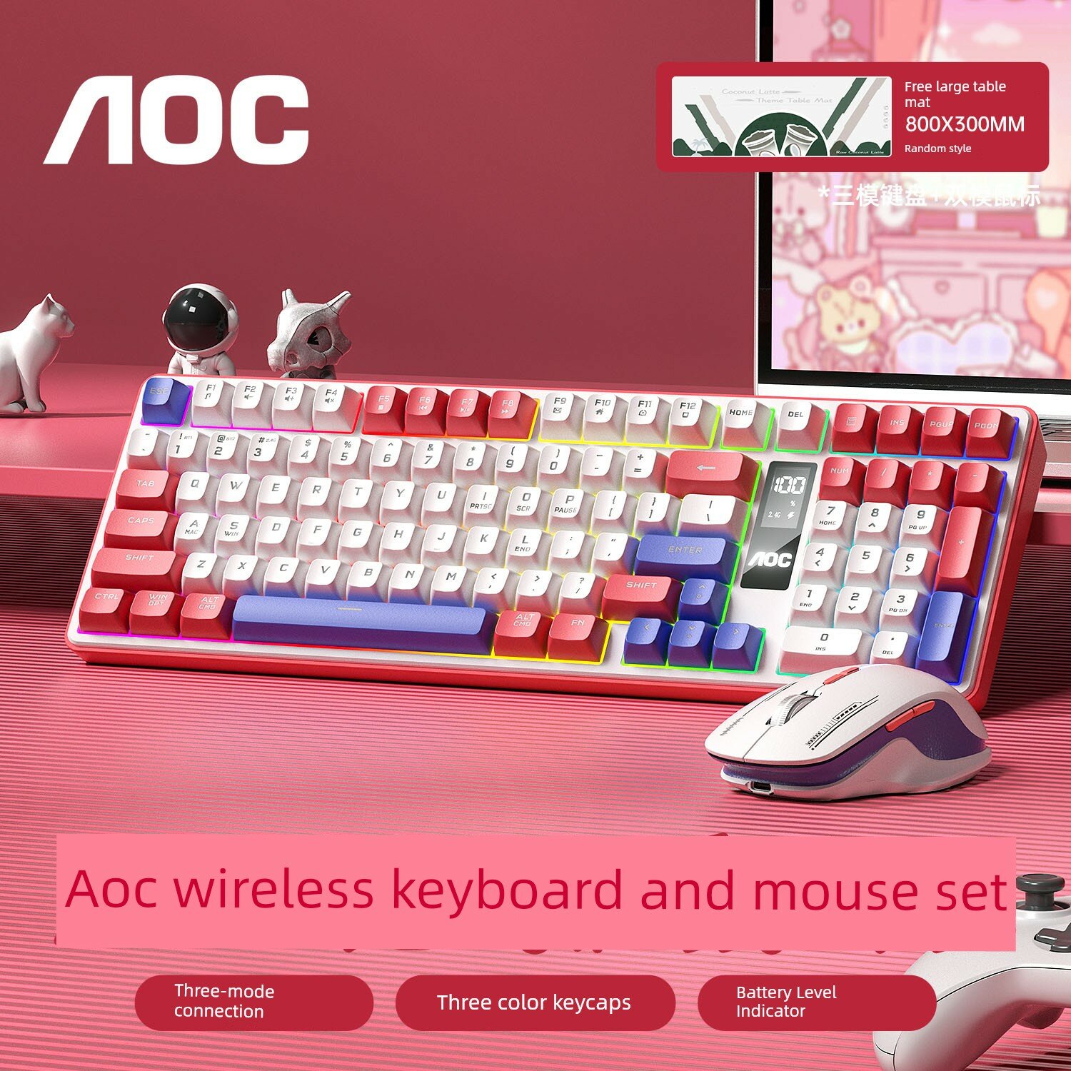 AOC-GK300 беспроводная клавиатура и мышь, бело-красно-синяя, Bluetooth, RGB-подсветка, с дисплеем
