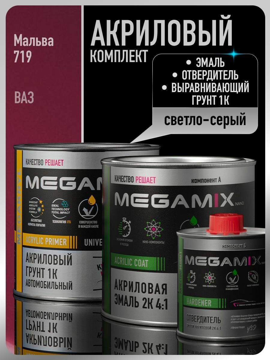 Комплект Акриловая краска автомобильная 2К , Мальва 719, 840мл + Отвердитель 2K 210 мл + Грунт акриловый 1К , светло-серый, 800 г