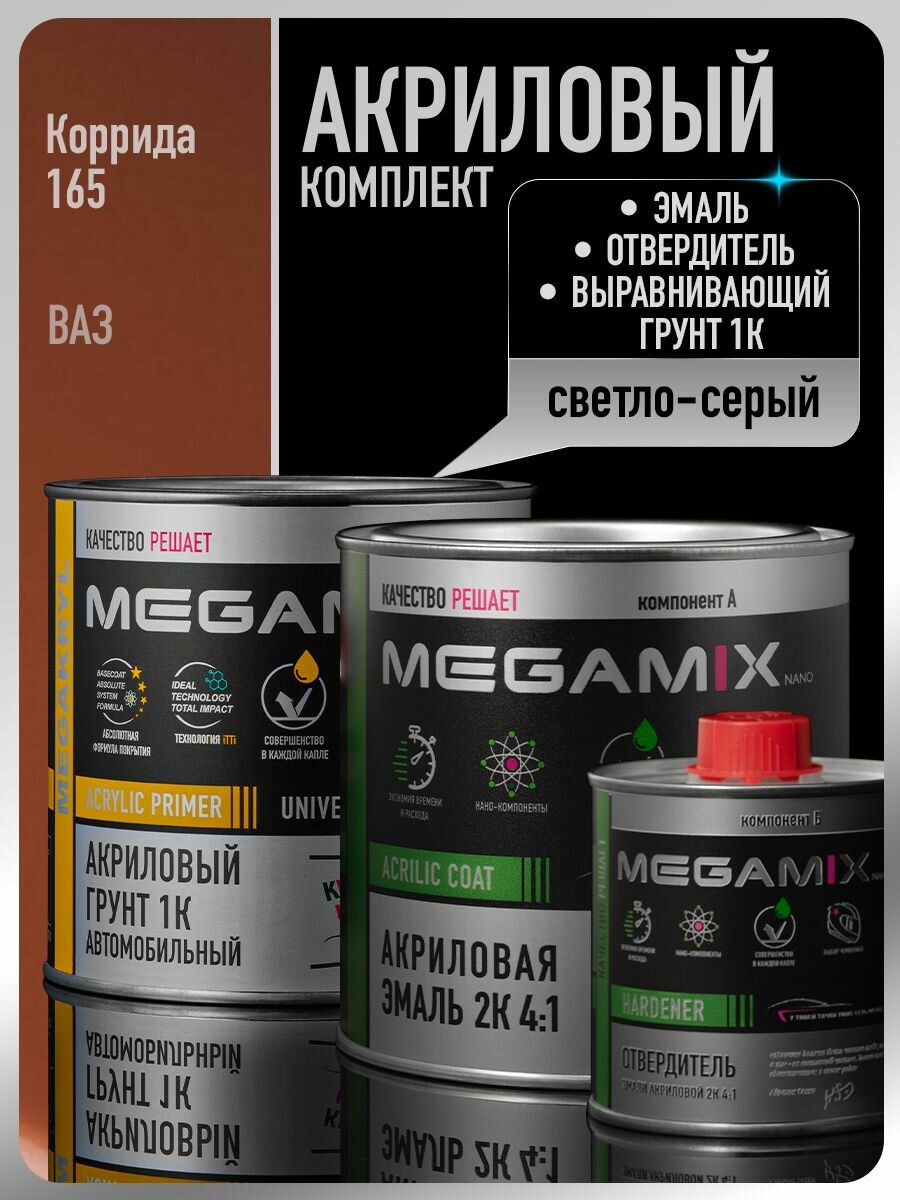 Комплект Акриловая краска автомобильная 2К , Темно-красно-оранж./Коррида 165, 840мл + Отвердитель 2K 210 мл + Грунт акриловый 1К , светло-серый, 800 г
