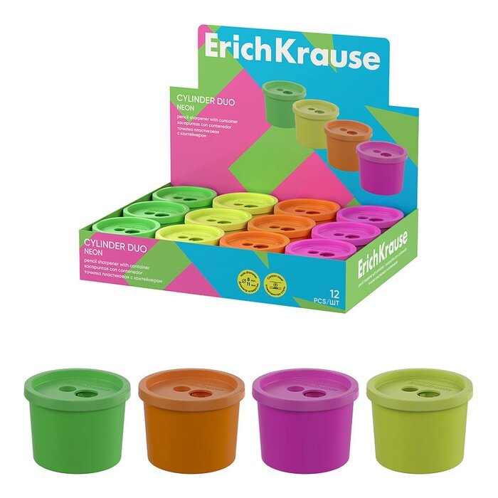 Точилка ErichKrause Cylinder Duo Neon, 2 отверстия, с контейнером, микс