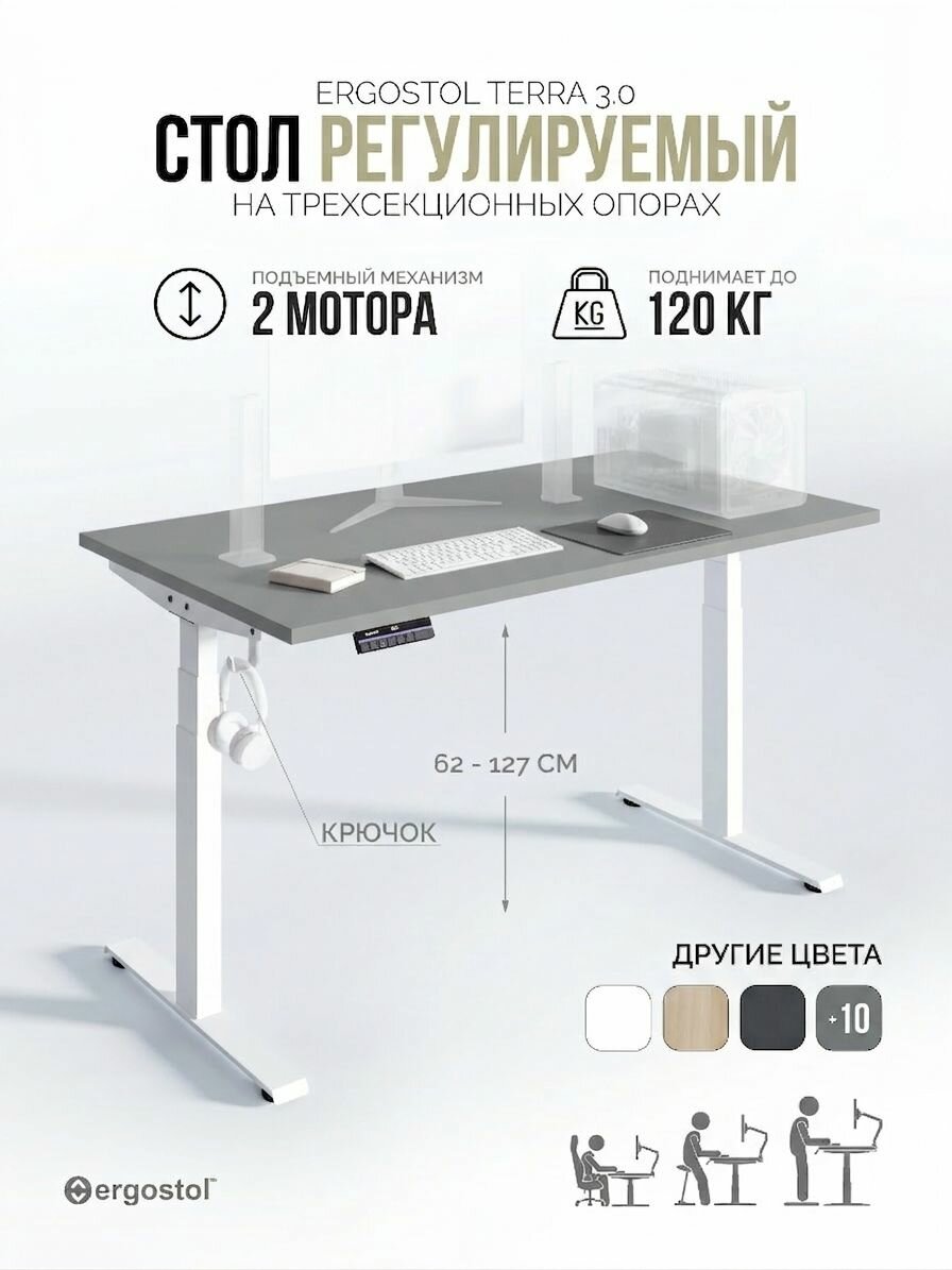 Стол компьютерный, 170х90 см, регулируемый по высоте, с электроприводом, высокий, двухмоторный, Ergostol Terra 3.0, Серый асфальт/белый, письменный с подъемным механизмом