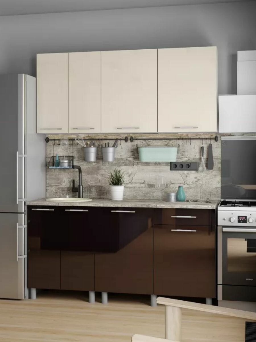 Кухонный гарнитур (кухня) Танго 1.6 м МДФ фасад Ваниль/Горький Шоколад корпус белый с теснением древесные поры ЛДСП, столешница Антарес 26 мм, 1600х2160х600 тэкс