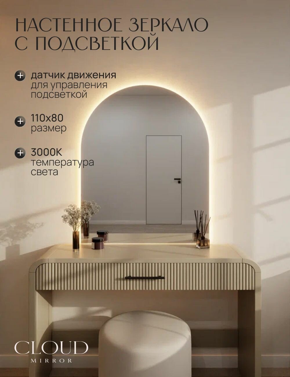 Зеркало 110х80 см. CLOUD MIRROR М5 настенное фигурное с подсветкой теплый свет 3000К