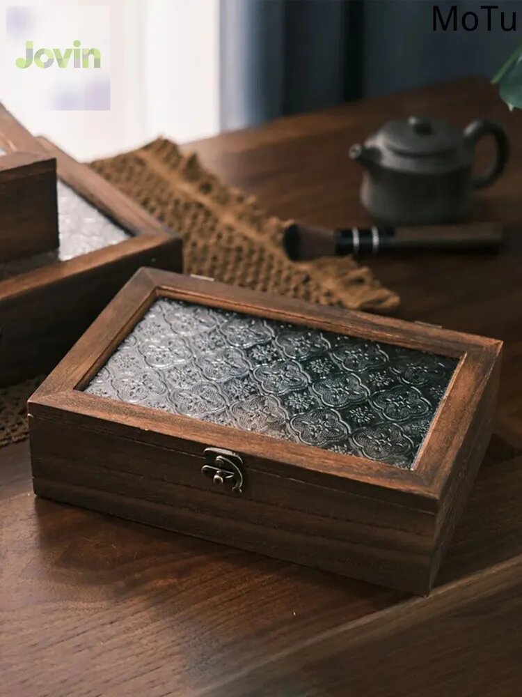 Деревянная шкатулка-сундук для украшений с узорчатым стеклом 30x20x7 см
