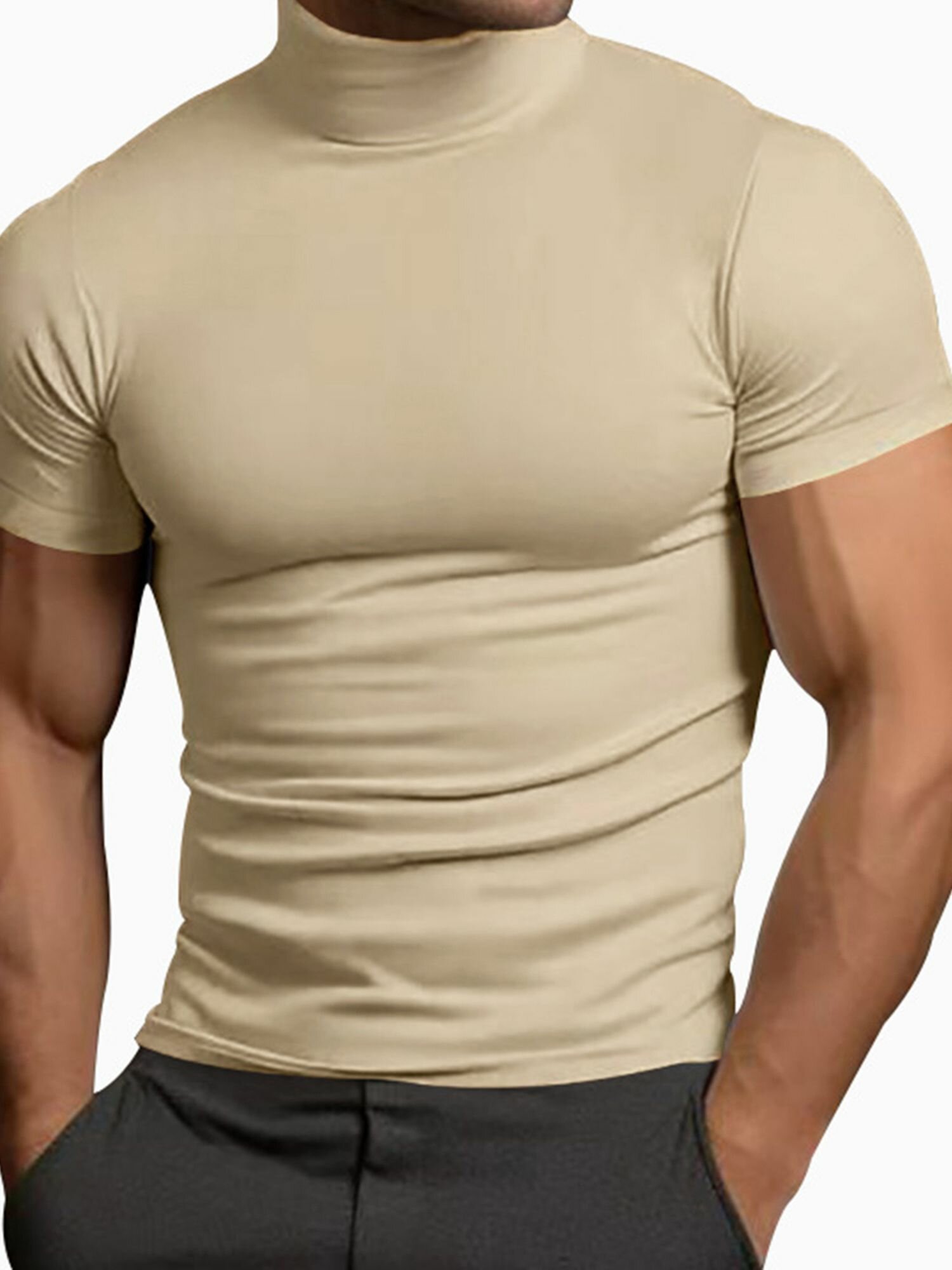 NZBZ Мужская летняя базовая футболка с коротким рукавом и высоким воротом, однотонные простые облегающие топы
