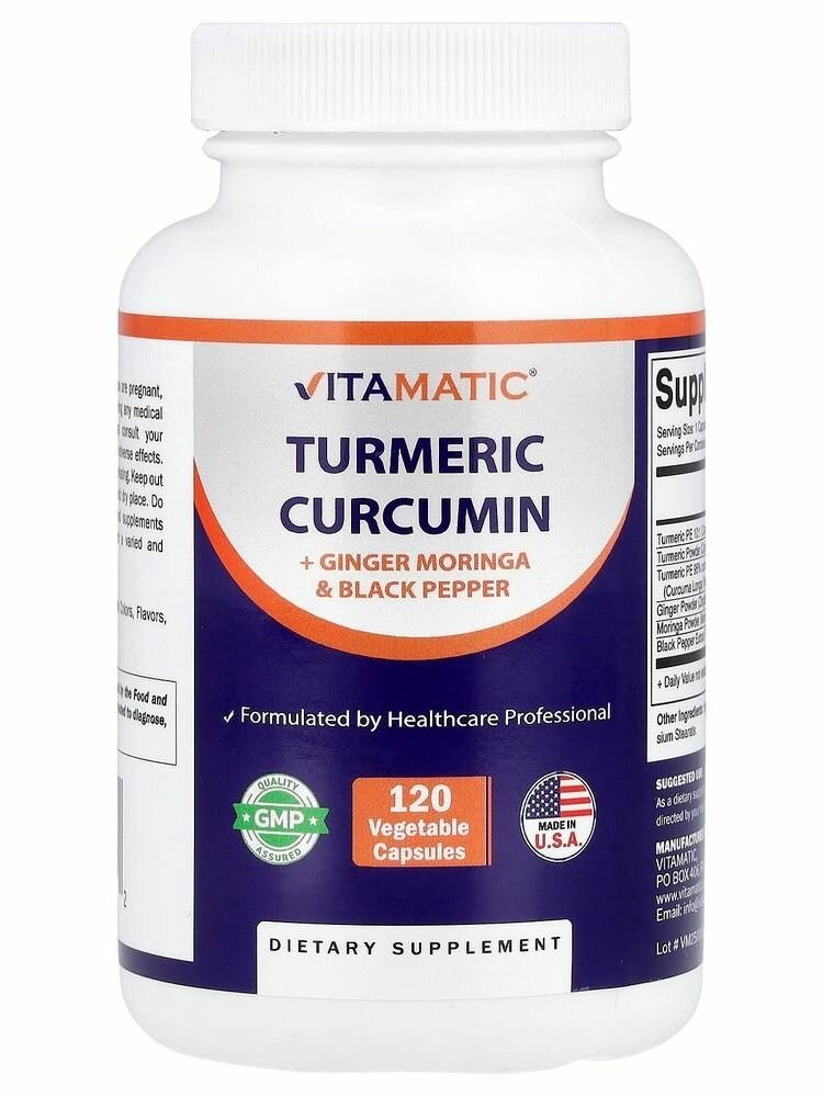 Куркумин из куркумы, имбирь, моринга и черный перец, 120 вегетарианских капсул, Vitamatic