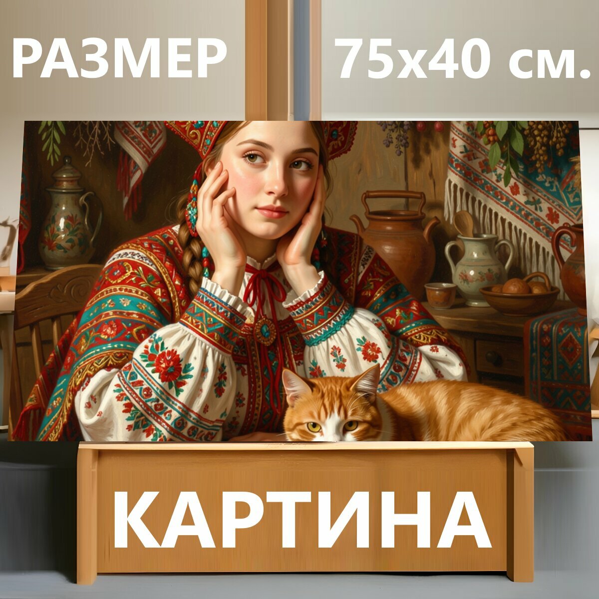 Картина на холсте "Девушка в русском народном костюме с котом. Уютная сцена в стиле русской сказки: юная красавица в ярком национальном наряде." на подрамнике 75х40 см. для интерьера