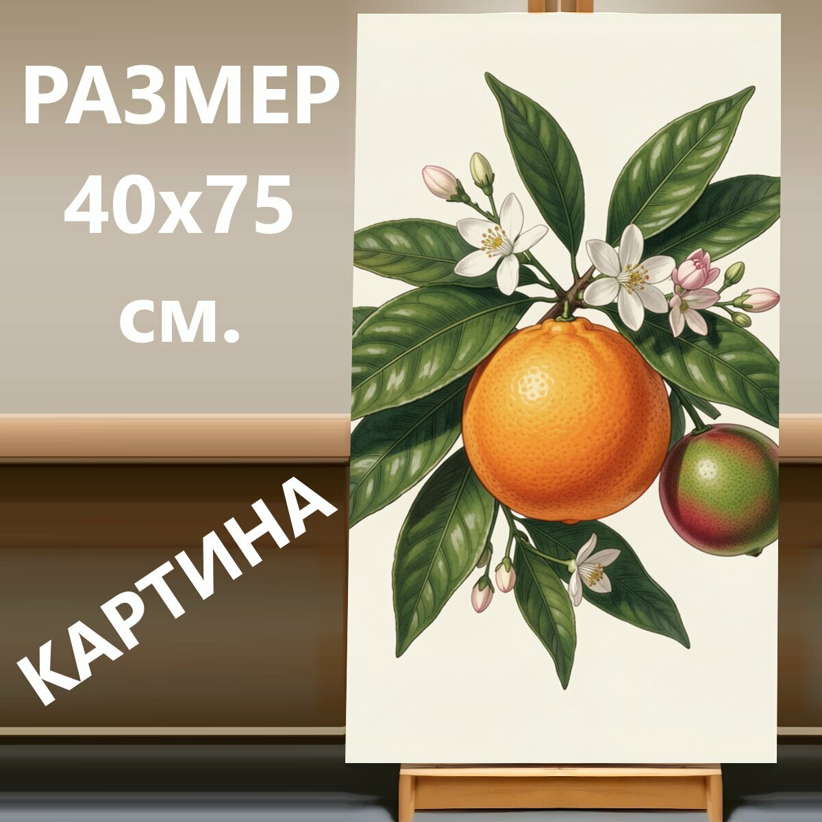 Картина на холсте "Цитрусовая ветка с цветами. Ботаническая иллюстрация с сочными плодами, глянцевой листвой и нежными бело-розовыми бутонами." на подрамнике 75х40 см. для интерьера
