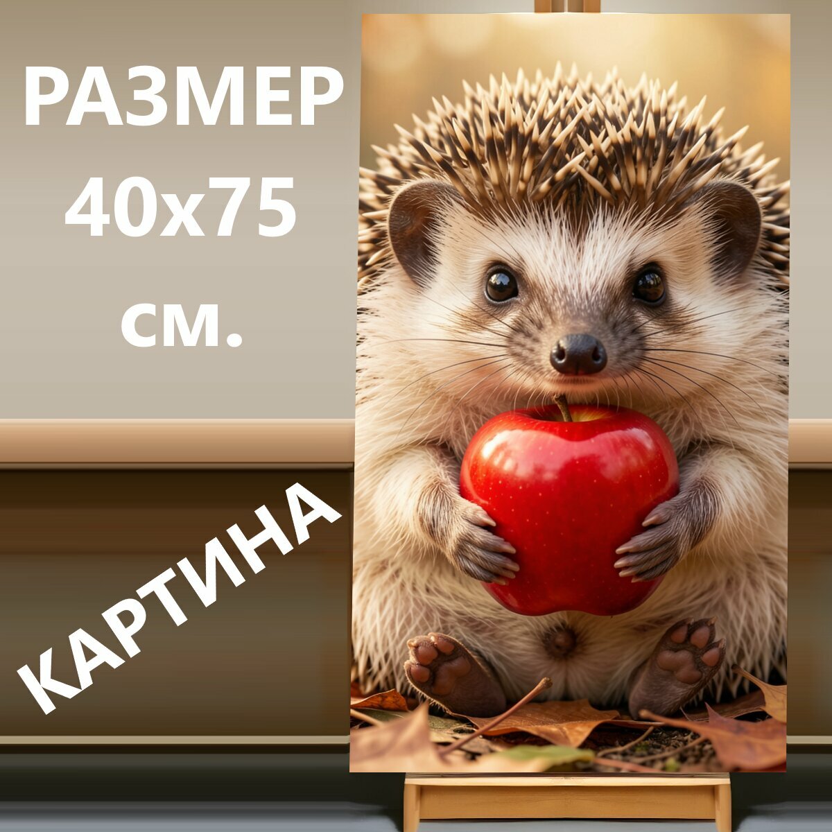 Картина на холсте "Ежик с красным яблоком. Милый лесной зверёк с колючками держит яркий плод в лапках, вокруг осенние листья. Тёплые." на подрамнике 75х40 см. для интерьера