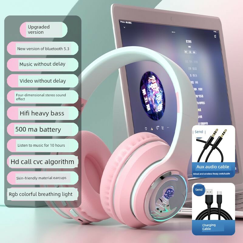 Женские беспроводные наушники Space Pink с подсветкой Bluetooth 5.3 без задержек для повседневного прослушивания музыки