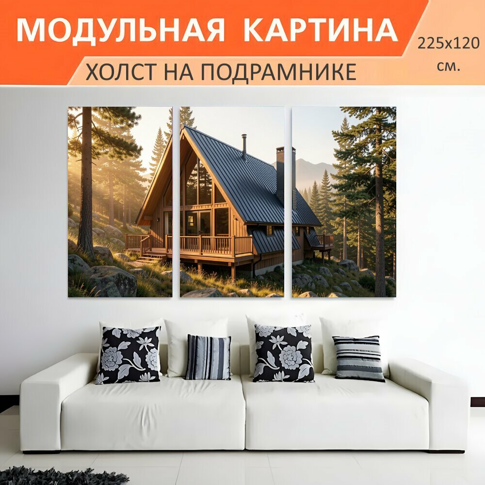 Модульная картина на холсте "Дом в хвойном лесу у гор. Уютное деревянное шале среди сосен и камней, с панорамными окнами." триптих на подрамнике 225х120 см. для интерьера