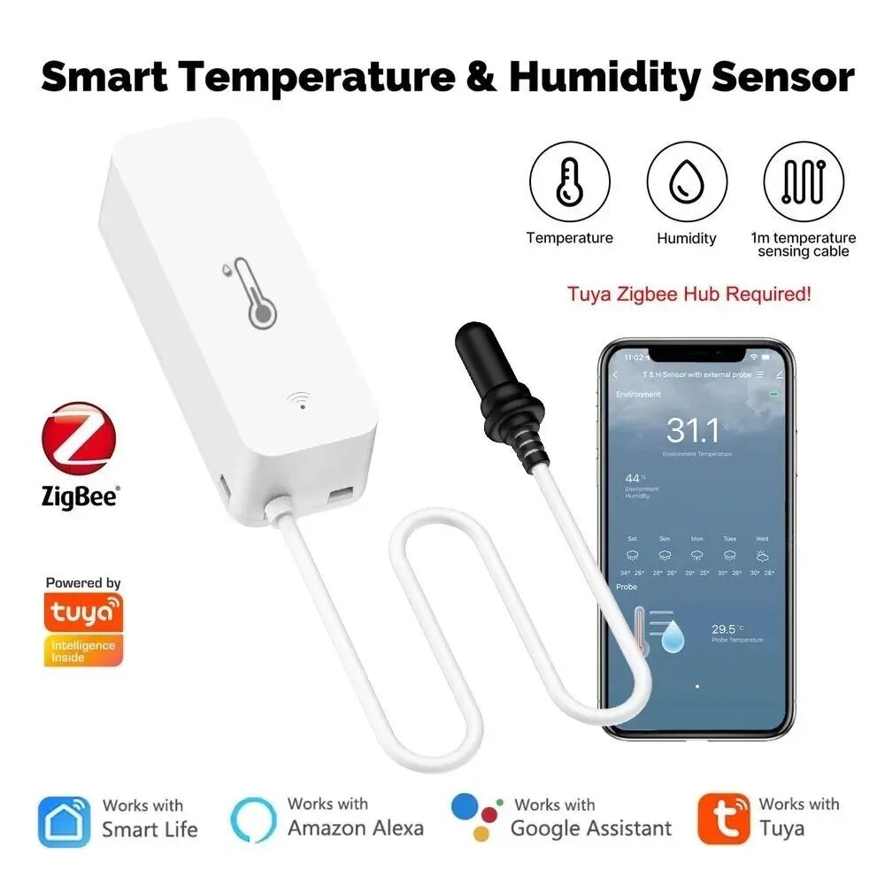 Умный датчик температуры и влажности Zigbee Tuya, с проводным датчиком