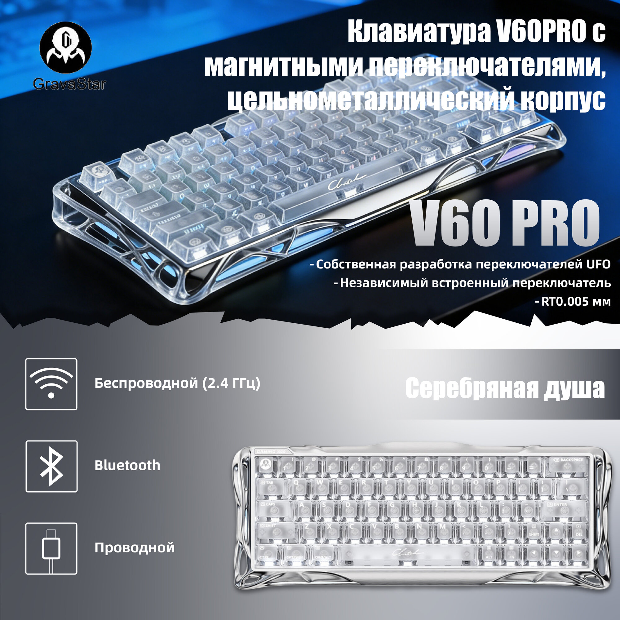 GravaStar V60PRO Игровая клавиатура с магнитной осью, Ось НЛО, , Гинтама (запотевающий колпачок для ключей)