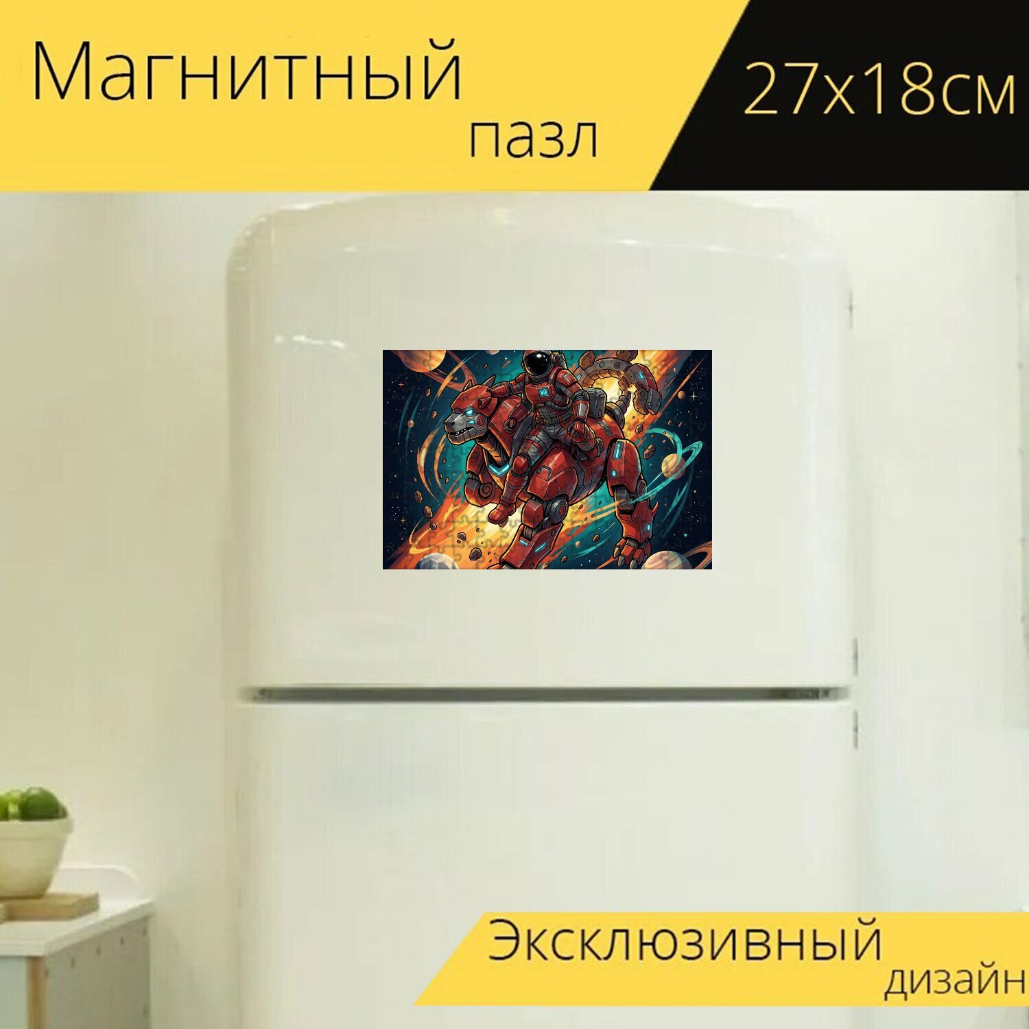 Магнитный пазл "Космонавт на механическом звере. Яркая фантастическая сцена: астронавт в красном скафандре мчится верхом на кибернетическом звере среди." на холодильник 27 x 18 см.