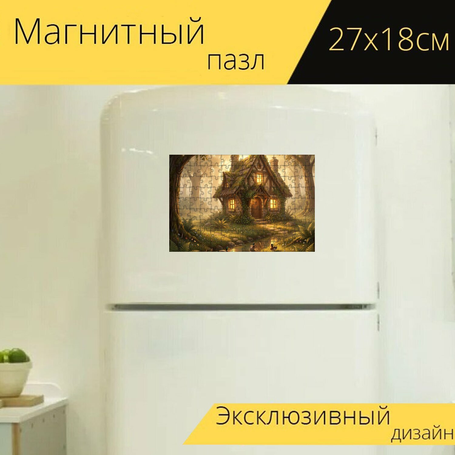 Магнитный пазл "Сказочный домик в лесу. Уютное лесное жилище в лучах мягкого рассвета, заросшее мхом и плющом. Тёплое свечение окон, ручей, дикие утки и." на холодильник 27 x 18 см.
