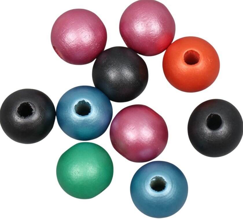 Бусины деревянные круглые 16 мм "Металлик" для творчества, набор разноцветных бусинок для рукоделия и украшений, бусинки пришивные из дерева - 10 штук