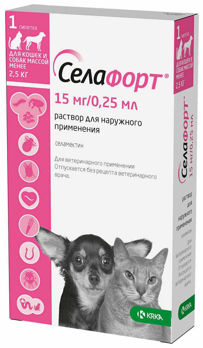 Селафорт капли для собак и кошек весом до 2,5 кг против внутренних и внешних паразитов 15 мг розовый колпачок KRKA (1 пипетка)