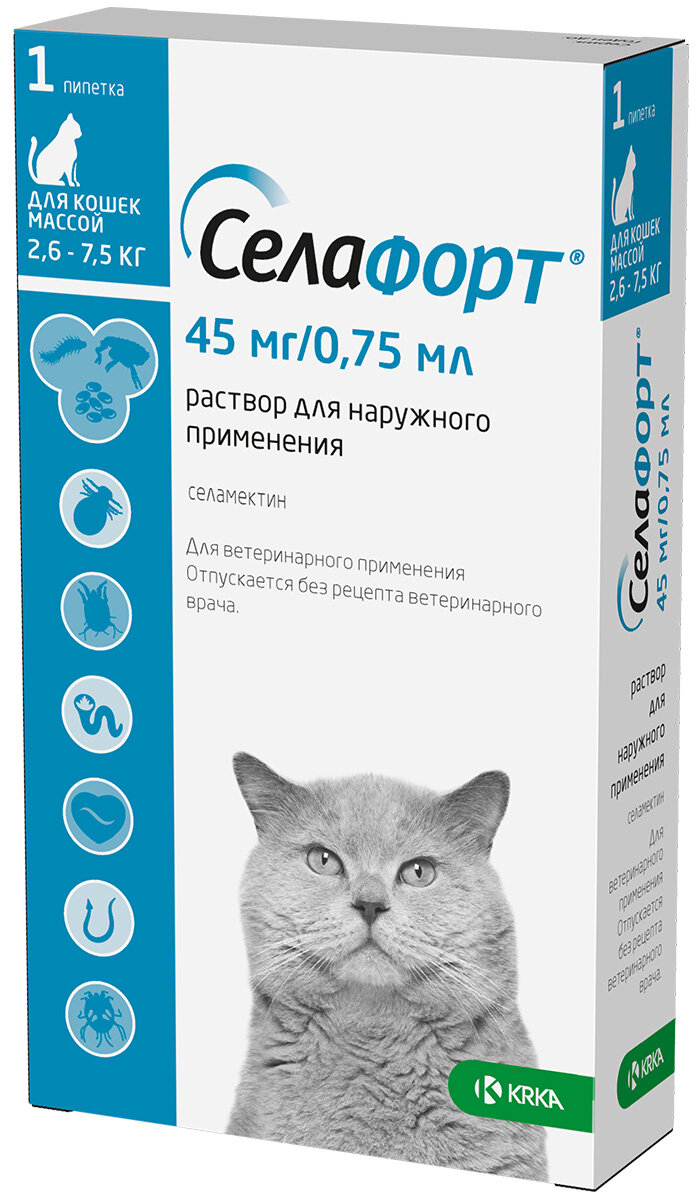 Селафорт капли для кошек весом от 2,6 до 7,5 кг против внутренних и внешних паразитов 45 мг бирюзовый колпачок KRKA (1 пипетка)
