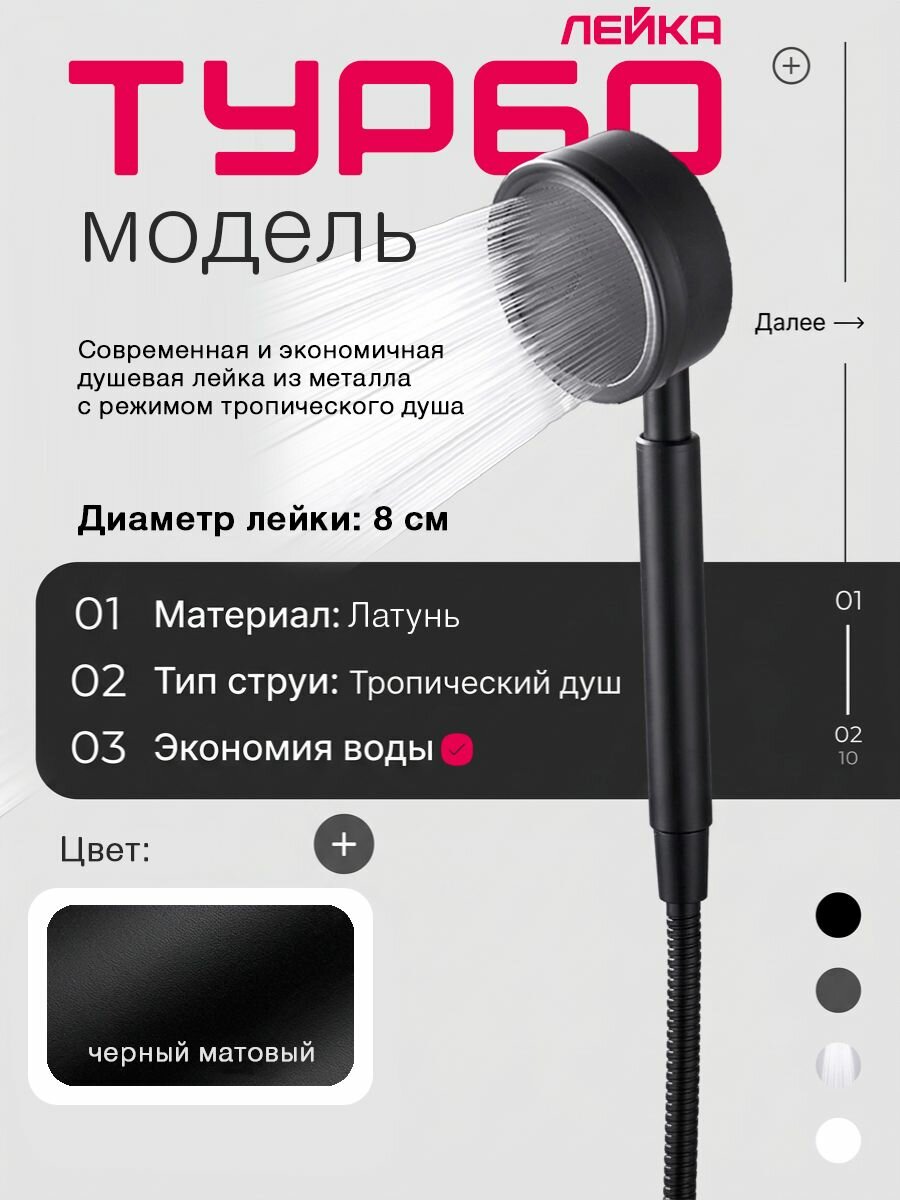 Турбо-лейка массажная насадка для душа поворотная с аэратором черная