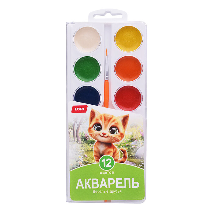 Акварель LORI Funny Friends, 12 цветов, сухая краска в пластиковой упаковке с крышкой Аквф-002/01