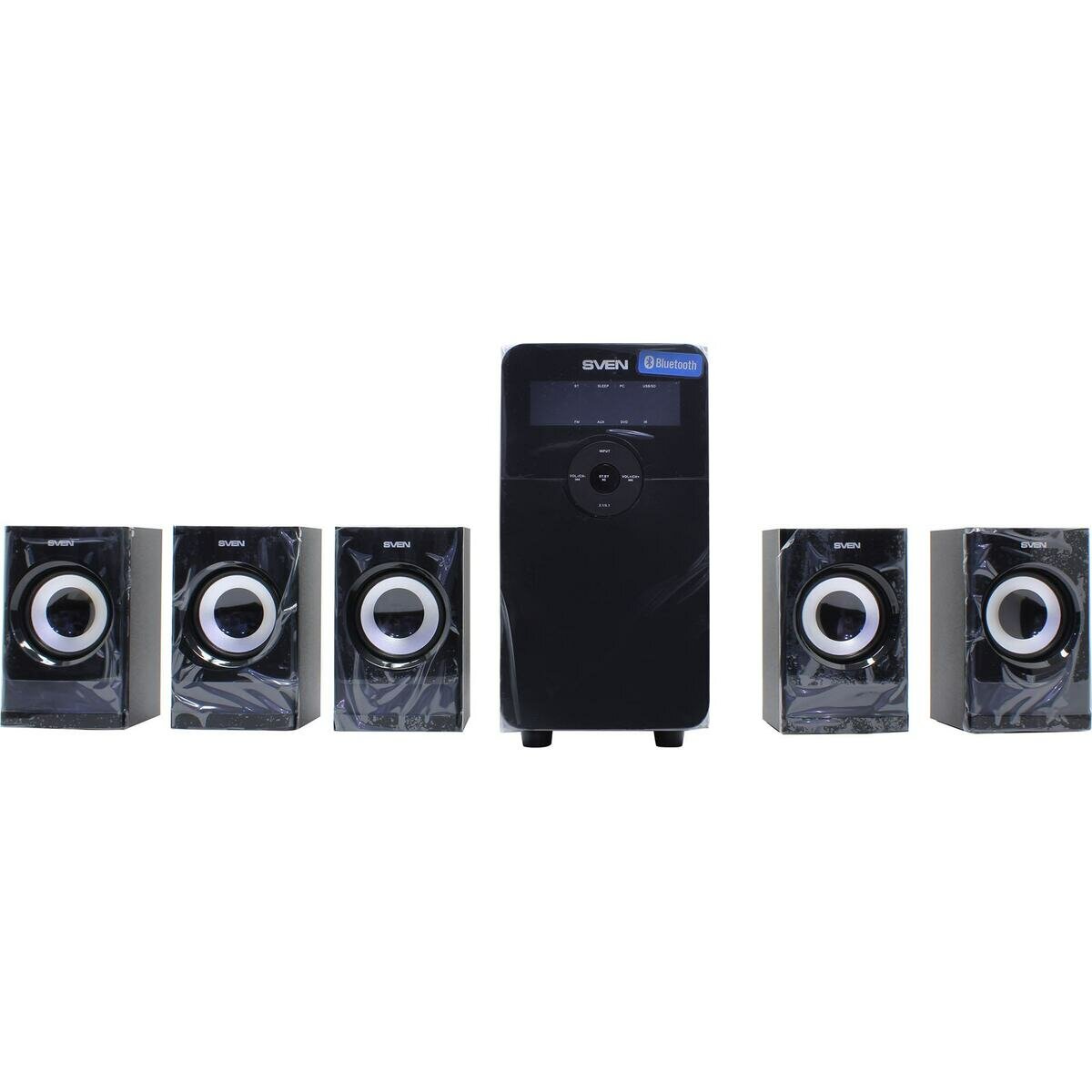 Колонки SVEN HT-201 Black (5x12W+Subwoofer 20W, дерево, Bluetooth, SD, USB, FM, ПДУ)