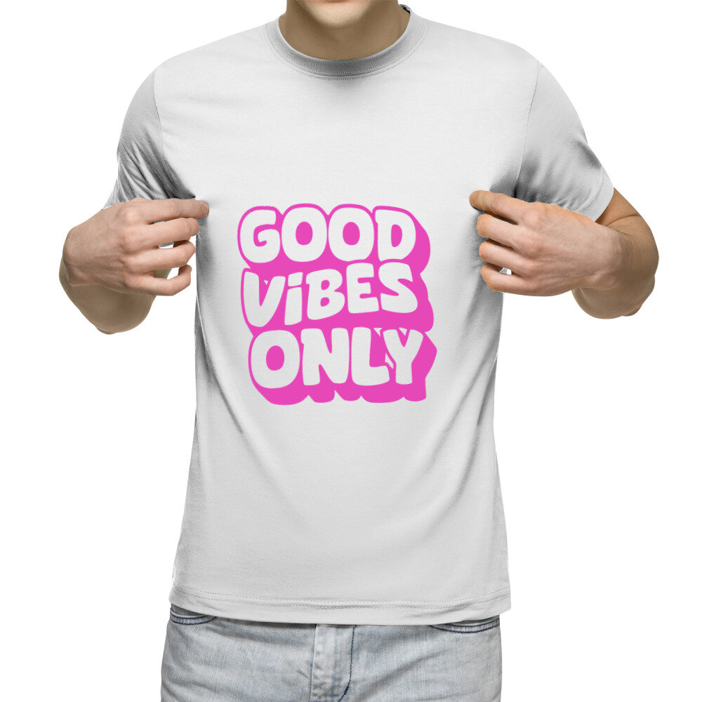 Мужская футболка «GOOD VIBES ONLY розовый объёмный шрифт» (белый, M)