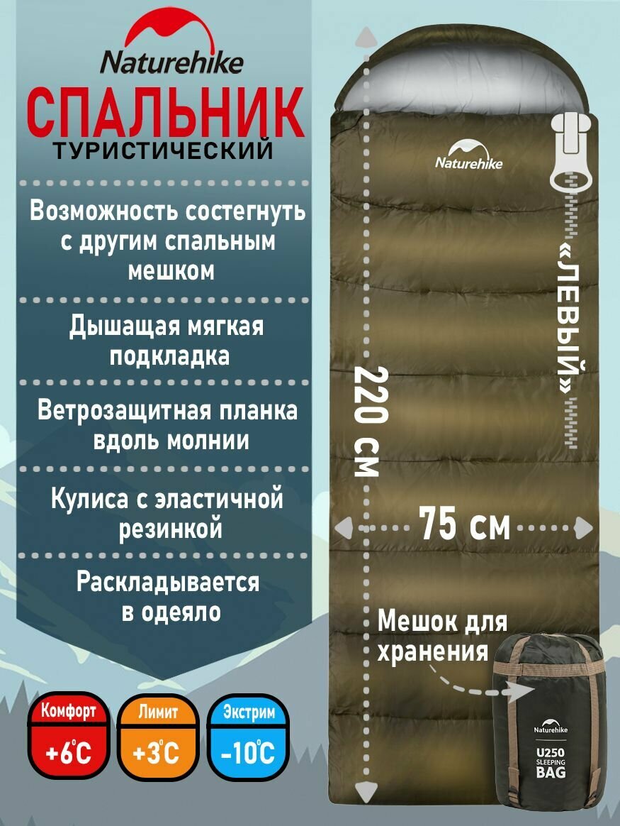 Туристический спальный мешок, спальник Naturehike U250 с капюшоном, хаки, NH20MSD07