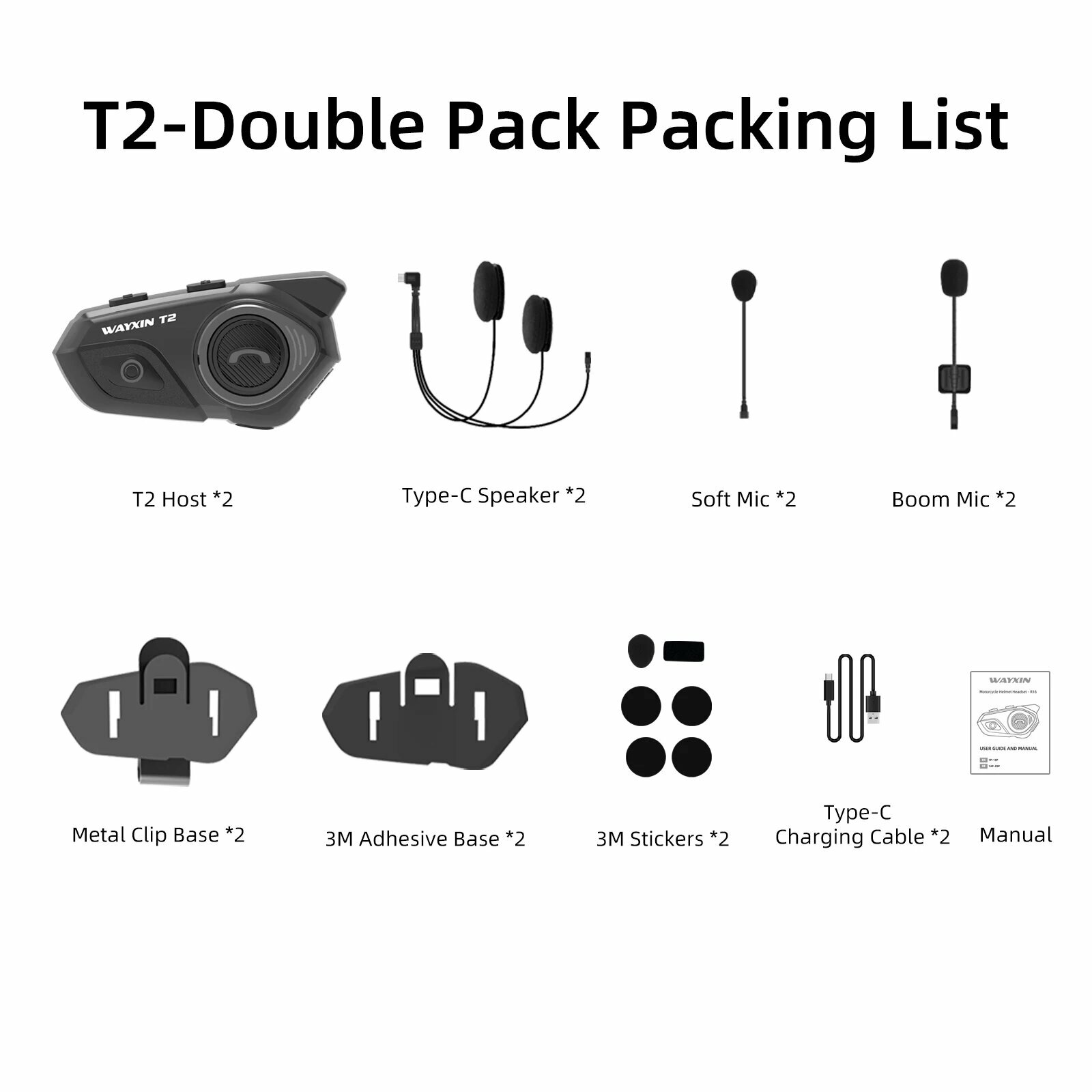 Гарнитура для мотоциклетного шлема WAYXIN T2 для 2 водителей до 300 м, Button Mic Full 2PCS