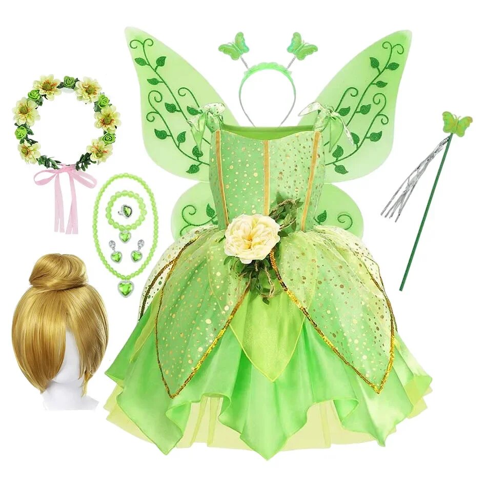 Костюм Тинкер Белл для девочек, костюм на Хэллоуин для детей, зеленое нарядное платье Тинкербелл, сказочная принцесса, косплей, день рождения, От 2 до 10 лет