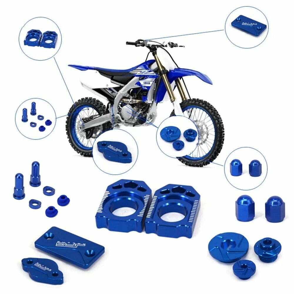 Комплект тюнинговых деталей Yamaha YZ250F/YZ450F 2003-2013. CNC алюминий 6061, синий (крышки бачков, заглушки ГРМ, шайбы цепи)