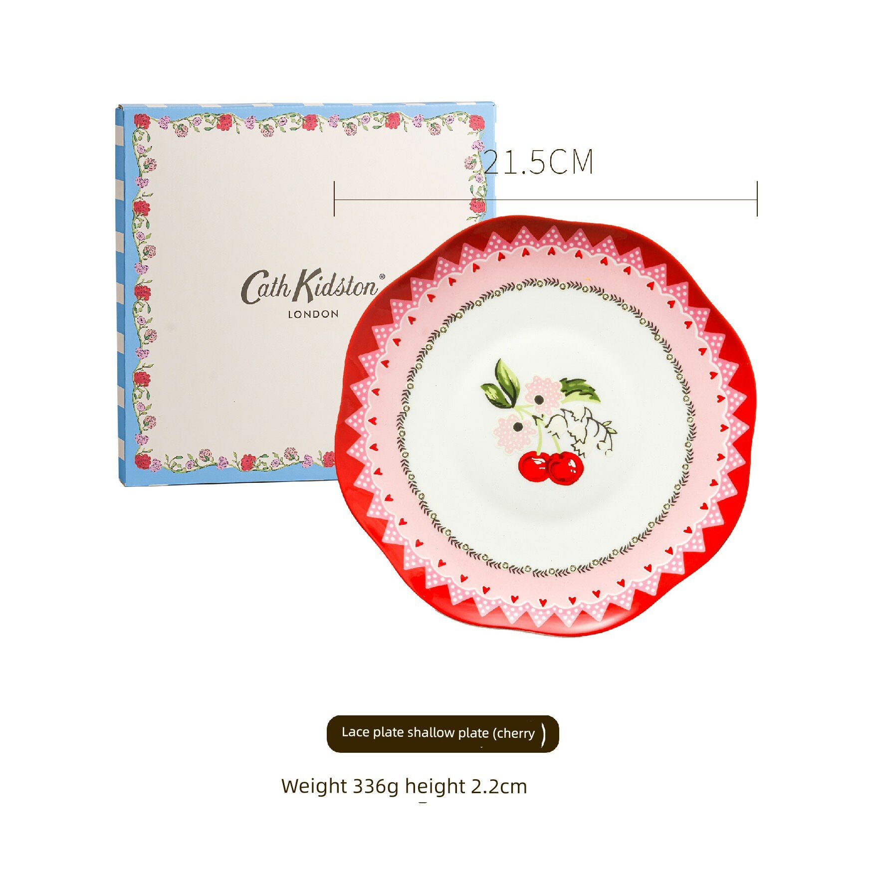 Керамическая плоская тарелка Cath Kidston с краем вишневого цвета, костяной фарфор, диаметр 18 см