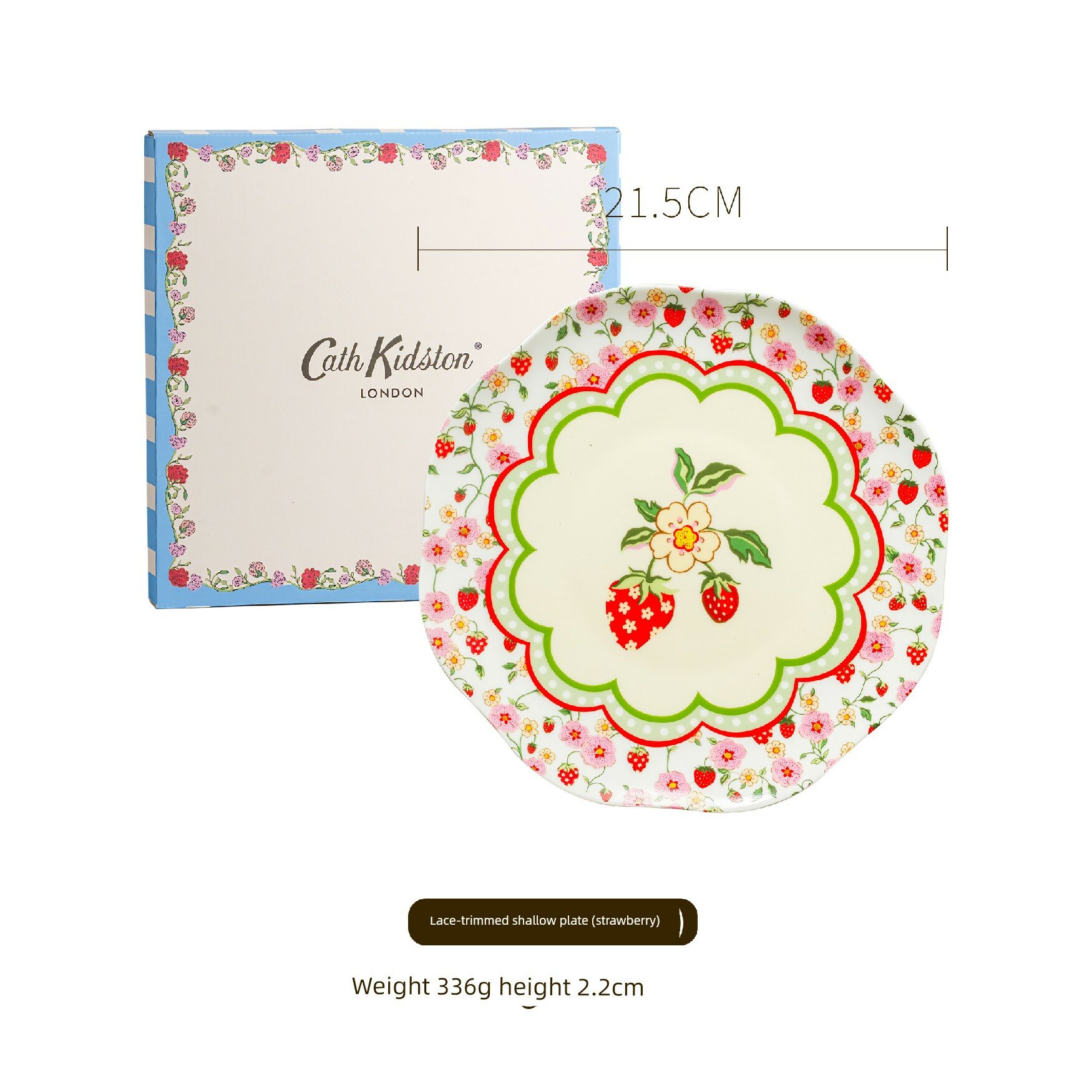 Керамическая плоская тарелка Cath Kidston с краем клубничного цвета, костяной фарфор, диаметр 18 см
