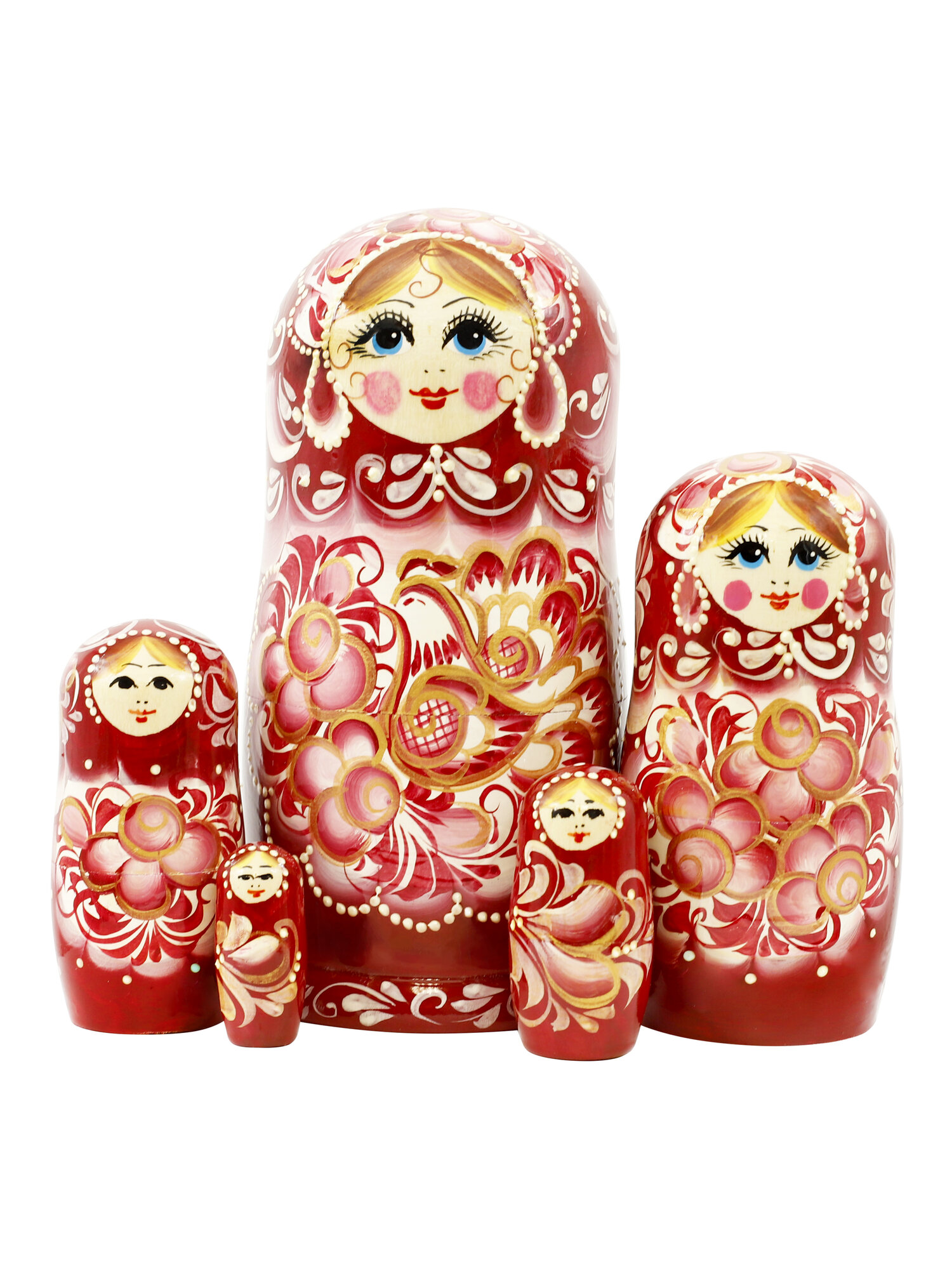 Матрешка Гжель Птица счастья, красная, 5 мест, 18см, разборная
