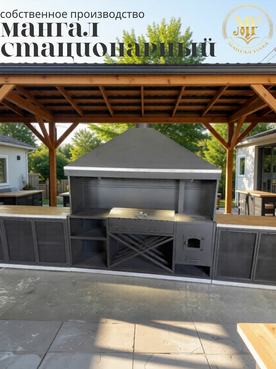 Мангальная зона Mangal Gold, стационарный, с крышей, вытяжкой, сталь, 450 см х 60 см, черный