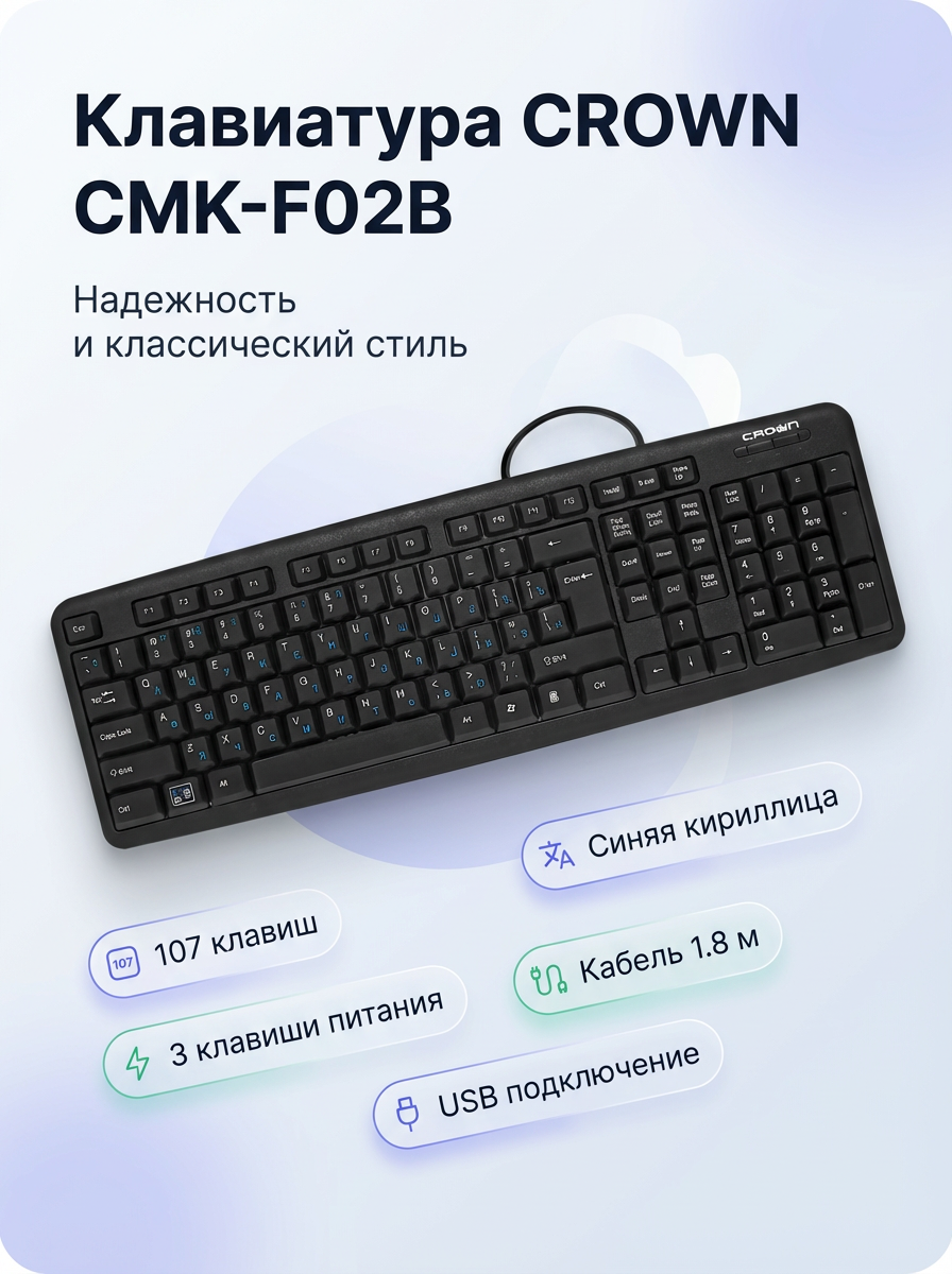 CROWN CMK-F02B (OEM) (синяя кириллица; 107 клавиш, 3 клавиши управления питанием, длина провода: 1.8 м, USB)