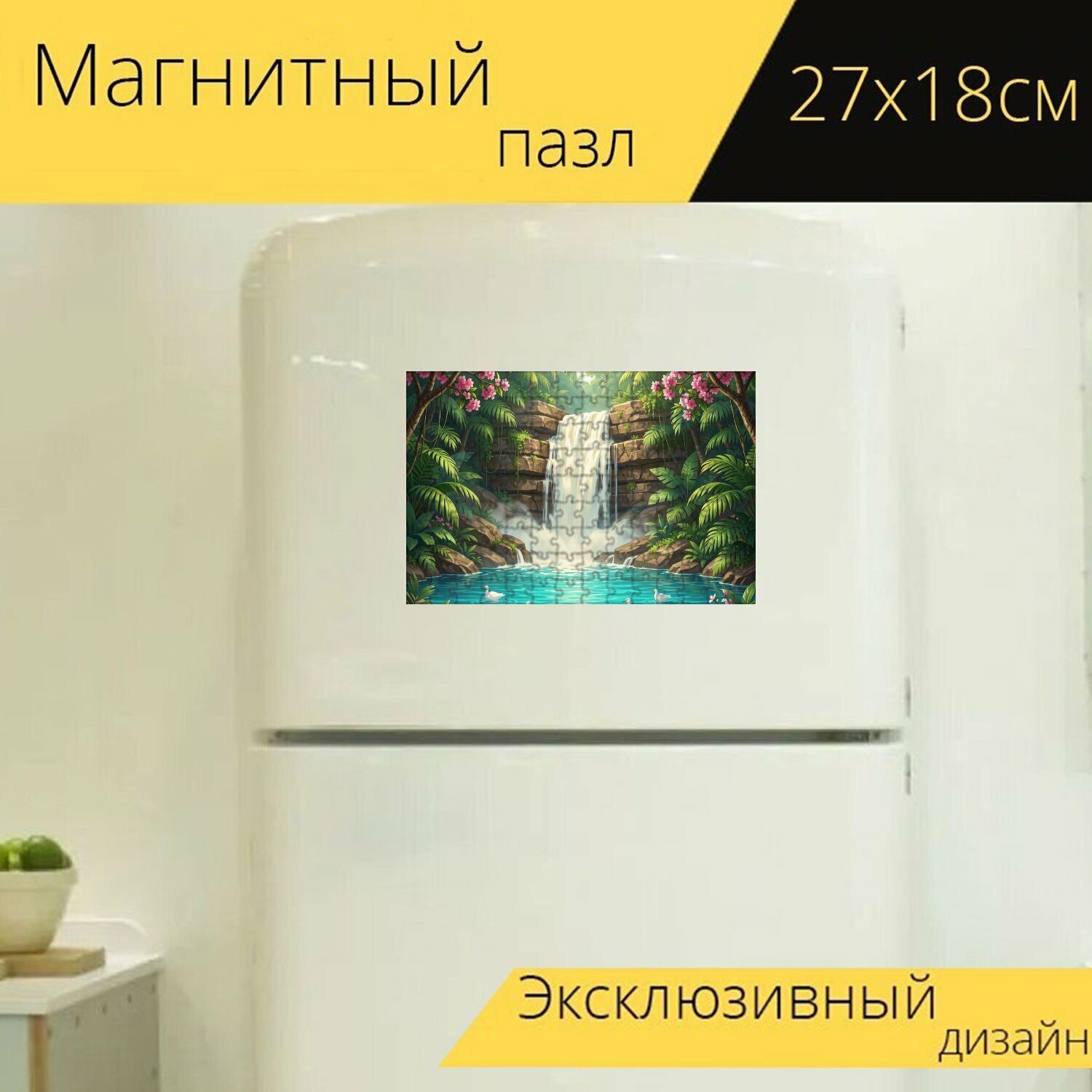 Магнитный пазл "Тропический водопад и лебеди. Живописная сцена с каскадом среди скалистых уступов, бирюзовой лагуной, белыми птицами и пышной зеленью." на холодильник 27 x 18 см.