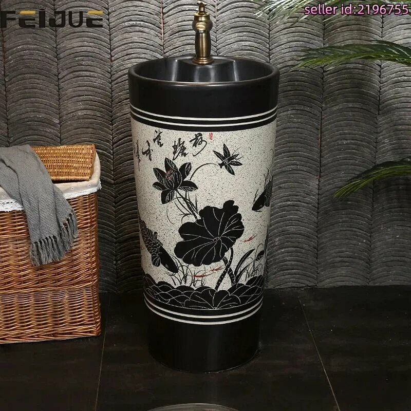 Напольная раковина для ванной, Керамика, размер 41*41*80см, В комплект входит: отдельностоящая раковина , донный клапан, сифон.