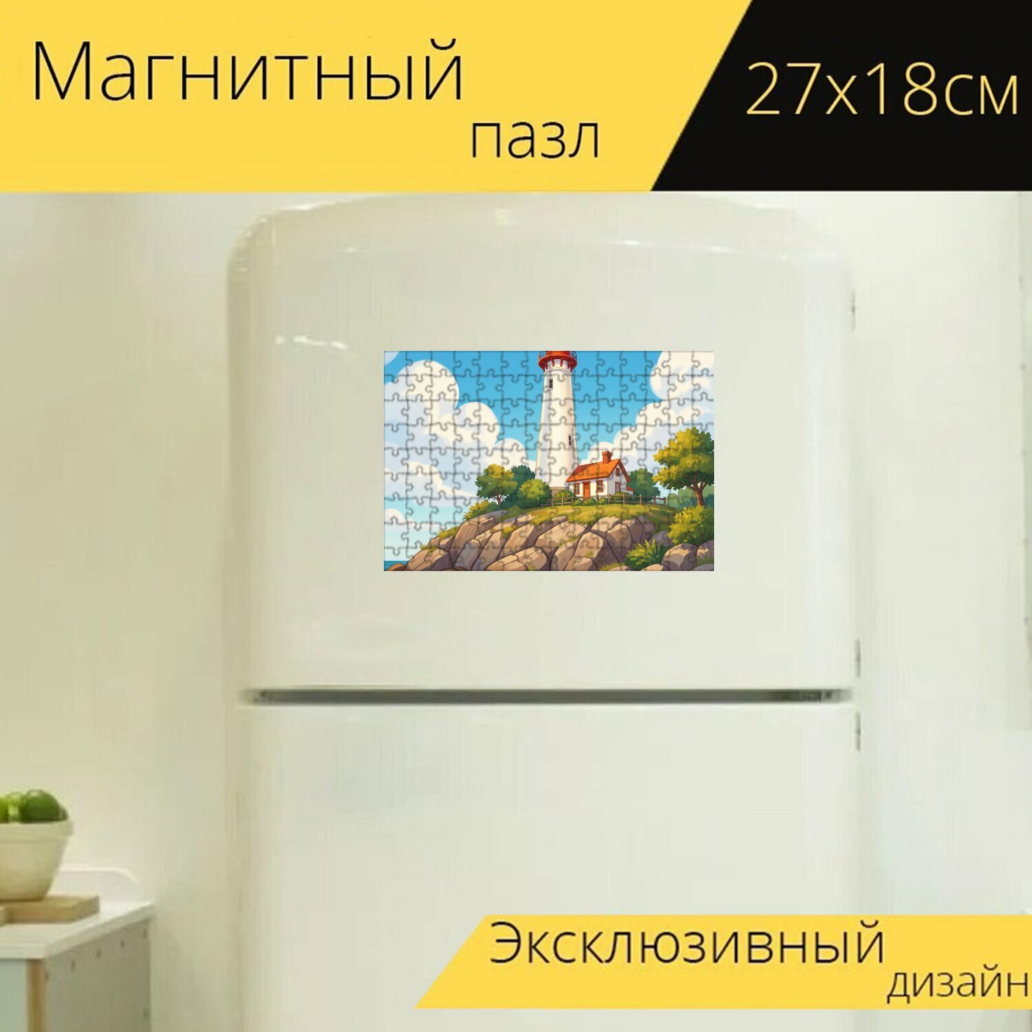 Магнитный пазл "Маяк на морском берегу. Живописная иллюстрация с высокой башней у океана, скалистым мысом, белыми облаками и уютным домиком у подножия." на холодильник 27 x 18 см.