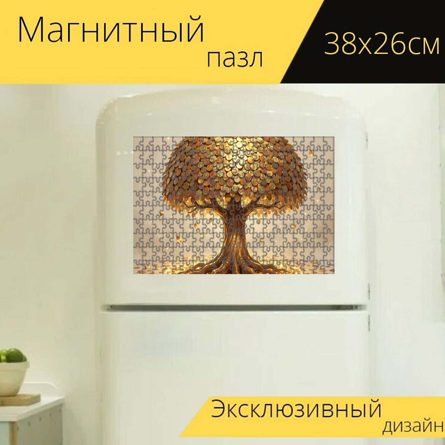 Магнитный пазл "Денежное дерево из монет. Сказочное золотистое дерево с кроной из множества монет и рассыпанными лепестками у основания. Тёплое сияние." для интерьера, 38х26 см.