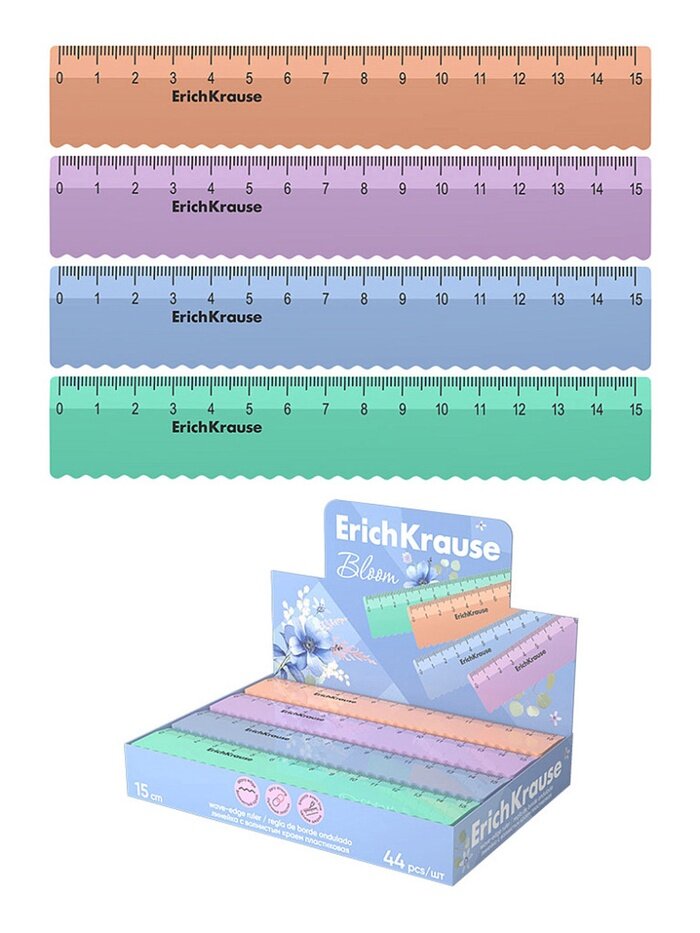 Линейка 15см ErichKrause Pastel Bloom, волнистый край, микс 10999405