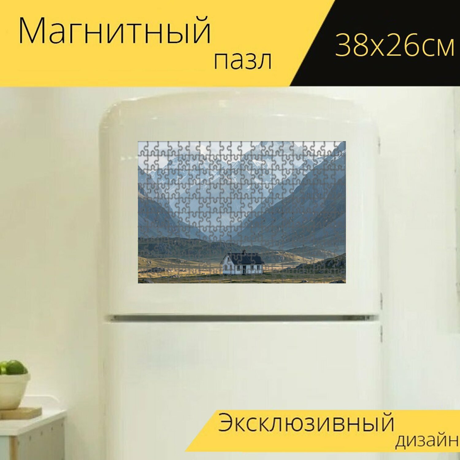 Магнитный пазл "Дом среди снежных гор. Уединённое жилище в зелёной долине у подножия заснеженных вершин, туманная горная панорама, холодные голубые оттенки." для интерьера, 38х26 см.