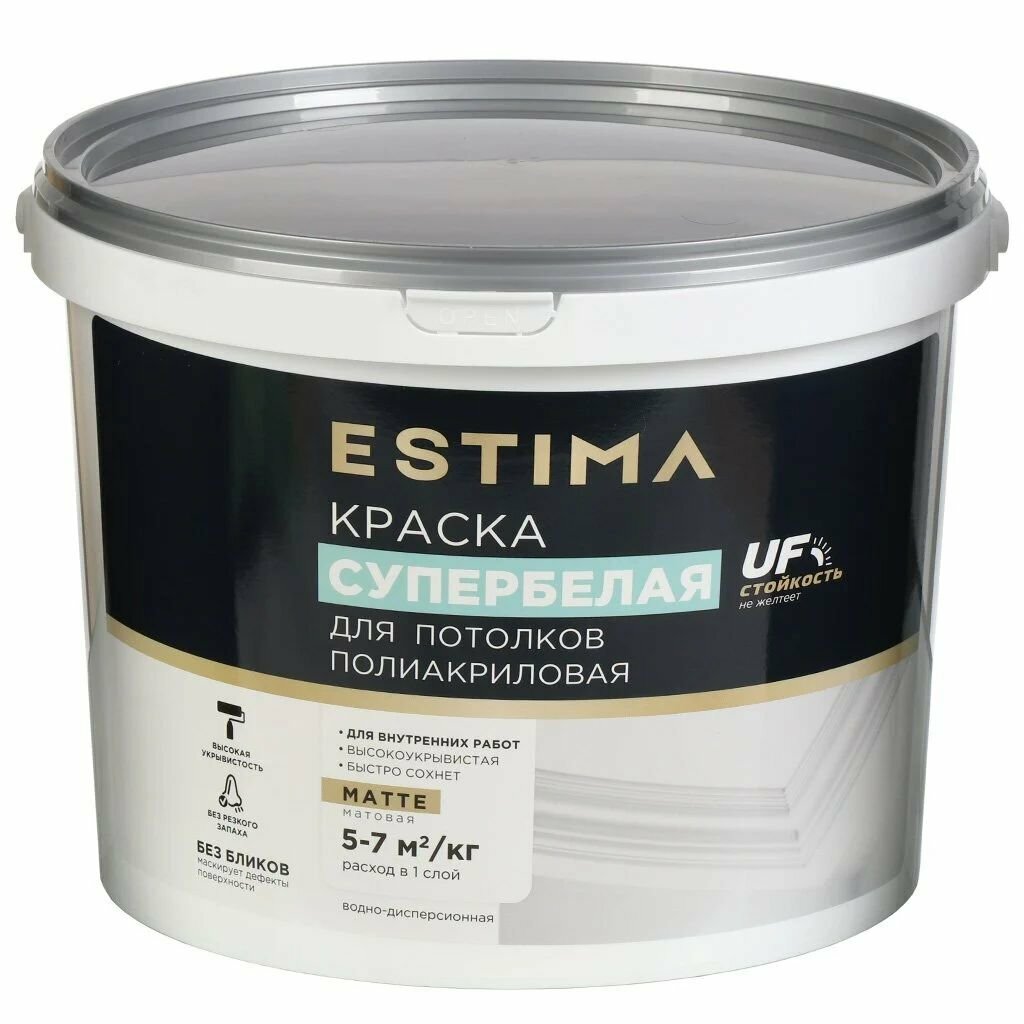 Краска водно-дисперсионная Estima для потолков полиакриловая супербелая матовая 13 кг для внутренних работ