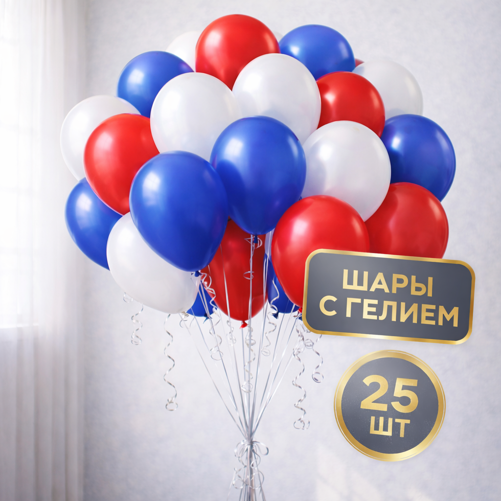 Воздушные шары с гелием под потолок триколор белый синий красный, 25 шт