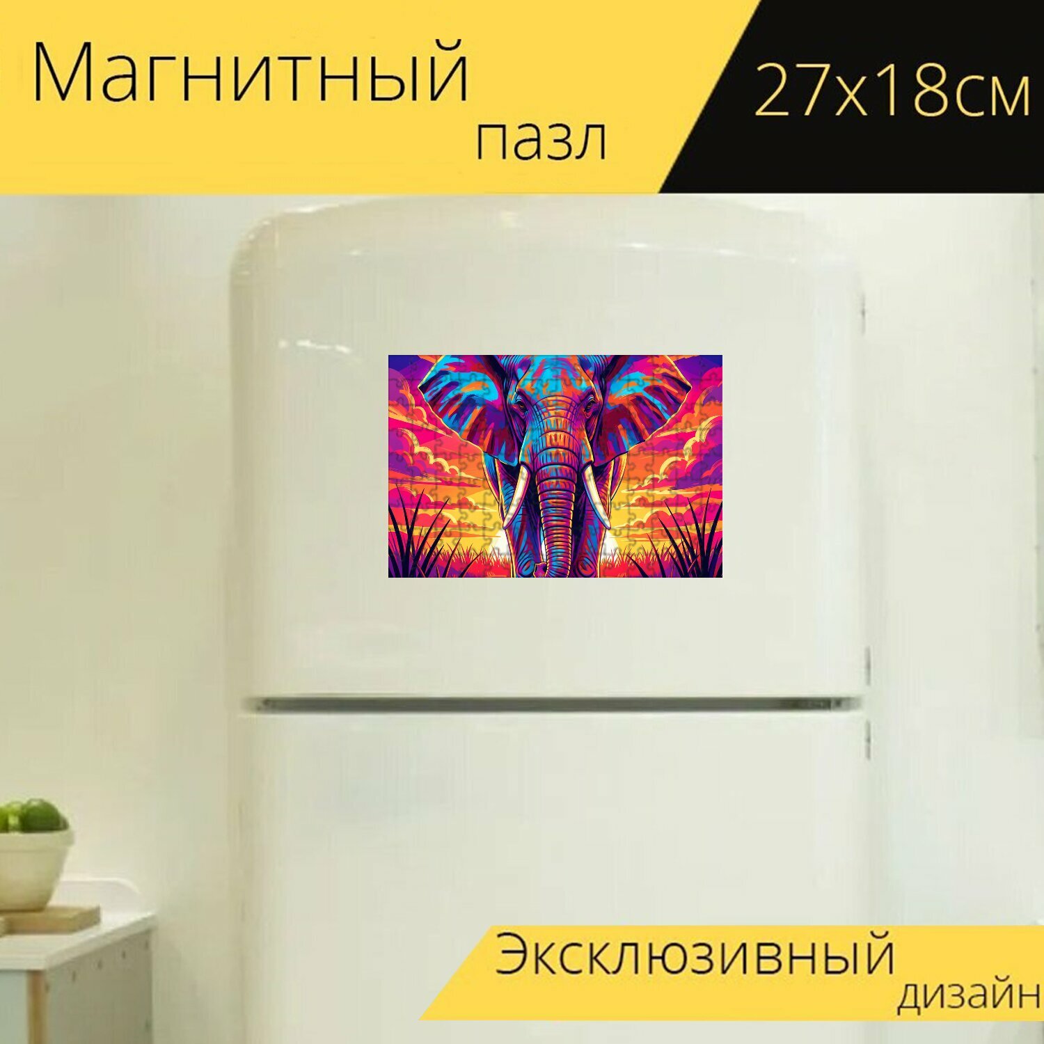 Магнитный пазл "Яркий слон на закате. Неоновый африканский гигант с бивнями на фоне саванны, травы и облаков. Поп-арт иллюстрация в синих, розовых." на холодильник 27 x 18 см.