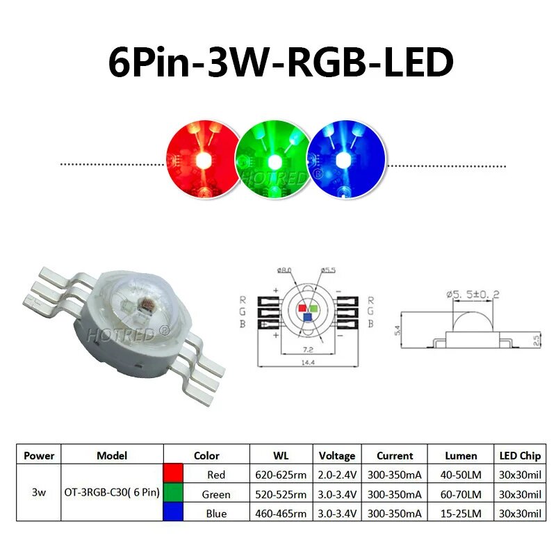 RGB LED 3W 6pin, 100шт