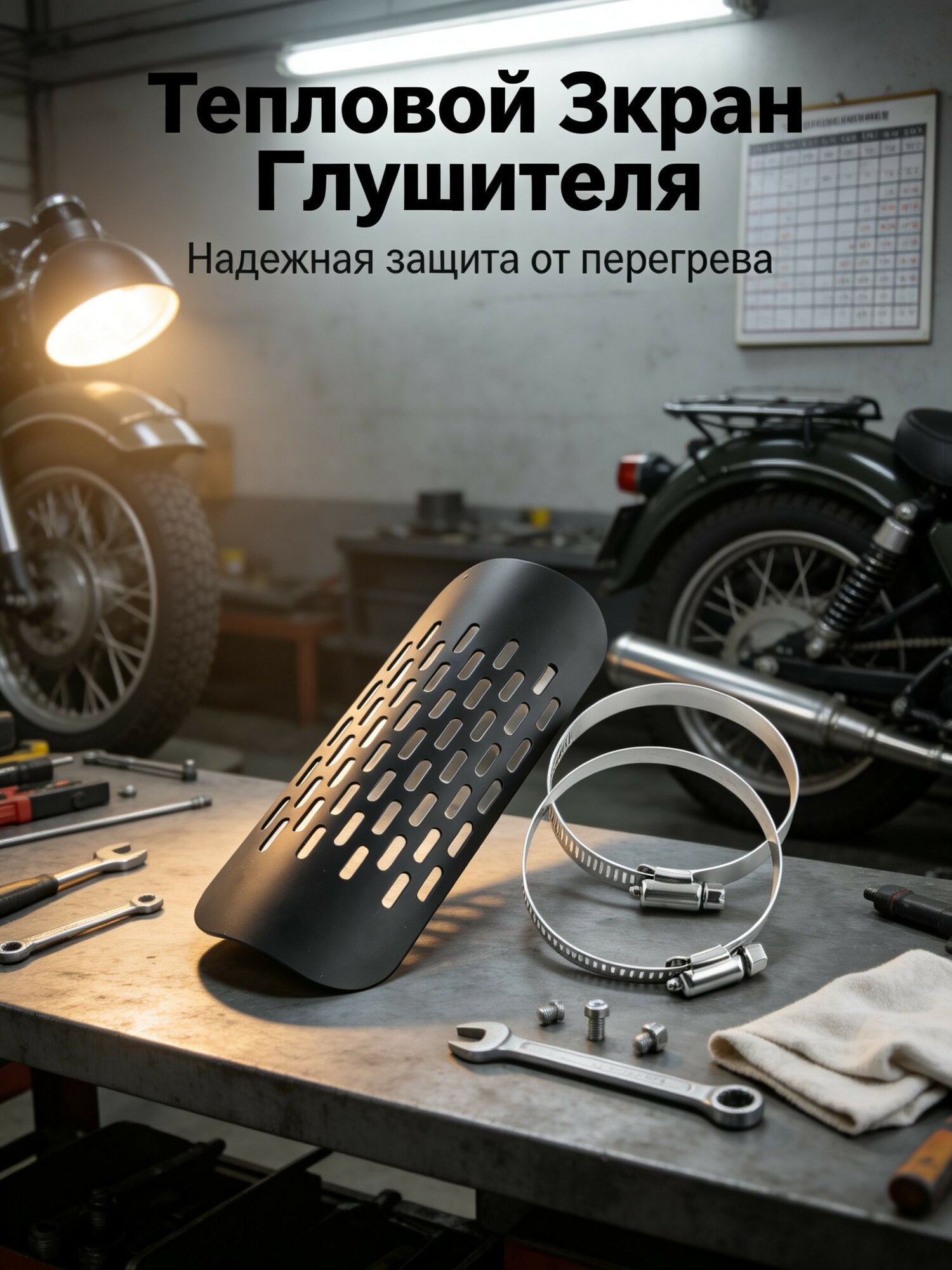 Тепловой экран глушителя для мотоцикла из нержавеющей стали с излучающими отверстиями и 2 регулируемыми зажимами