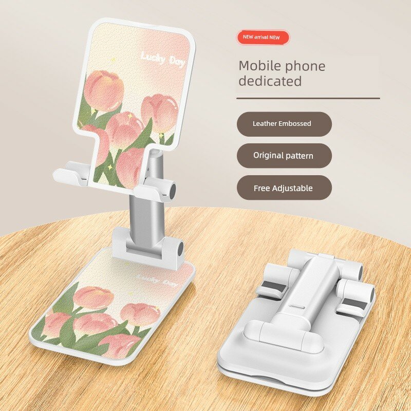 Одноножечная подставка для телефона — Белый тюльпан — Розовая композиция белая — складная, регулируемая высота,