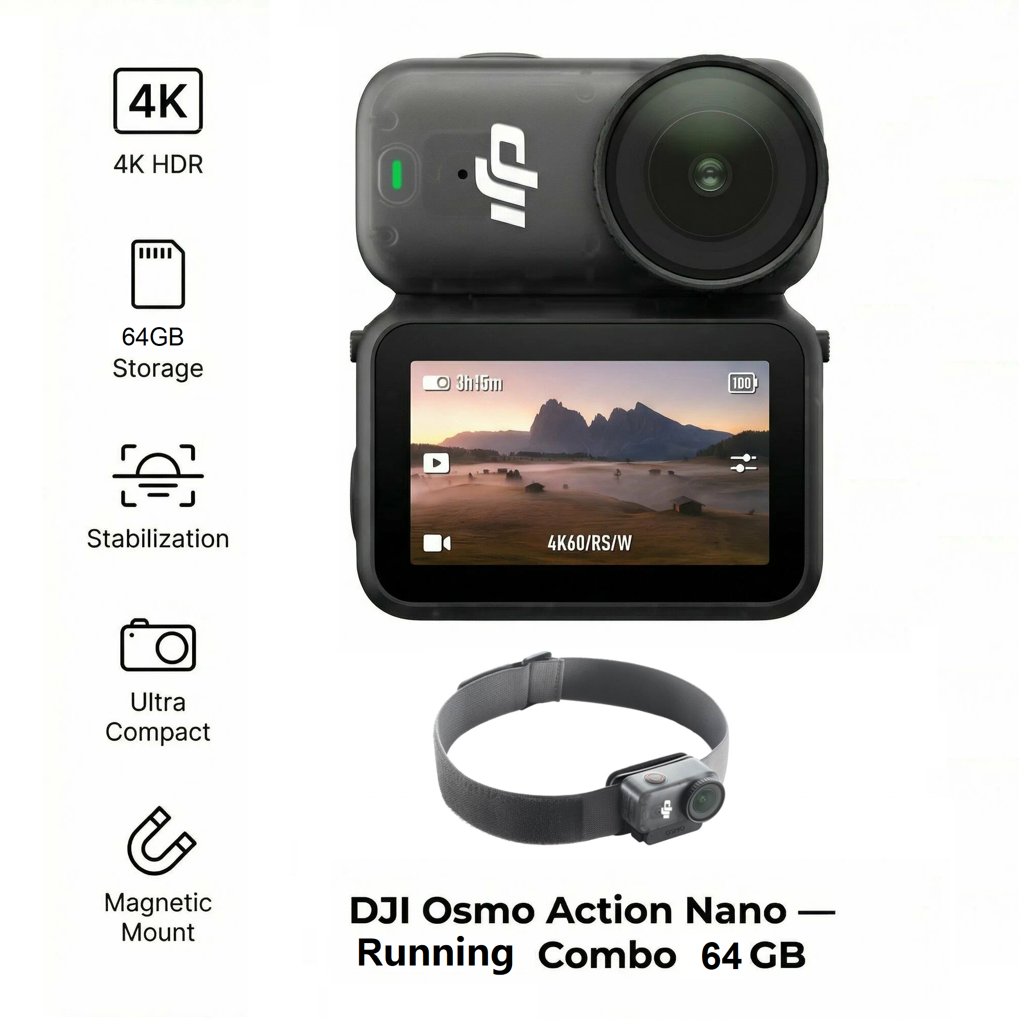 DJI Osmo Nano Running Combo, 64 ГБ, Экшн-камера со стабилизацией, для бега, трекинга и видеоблогинга