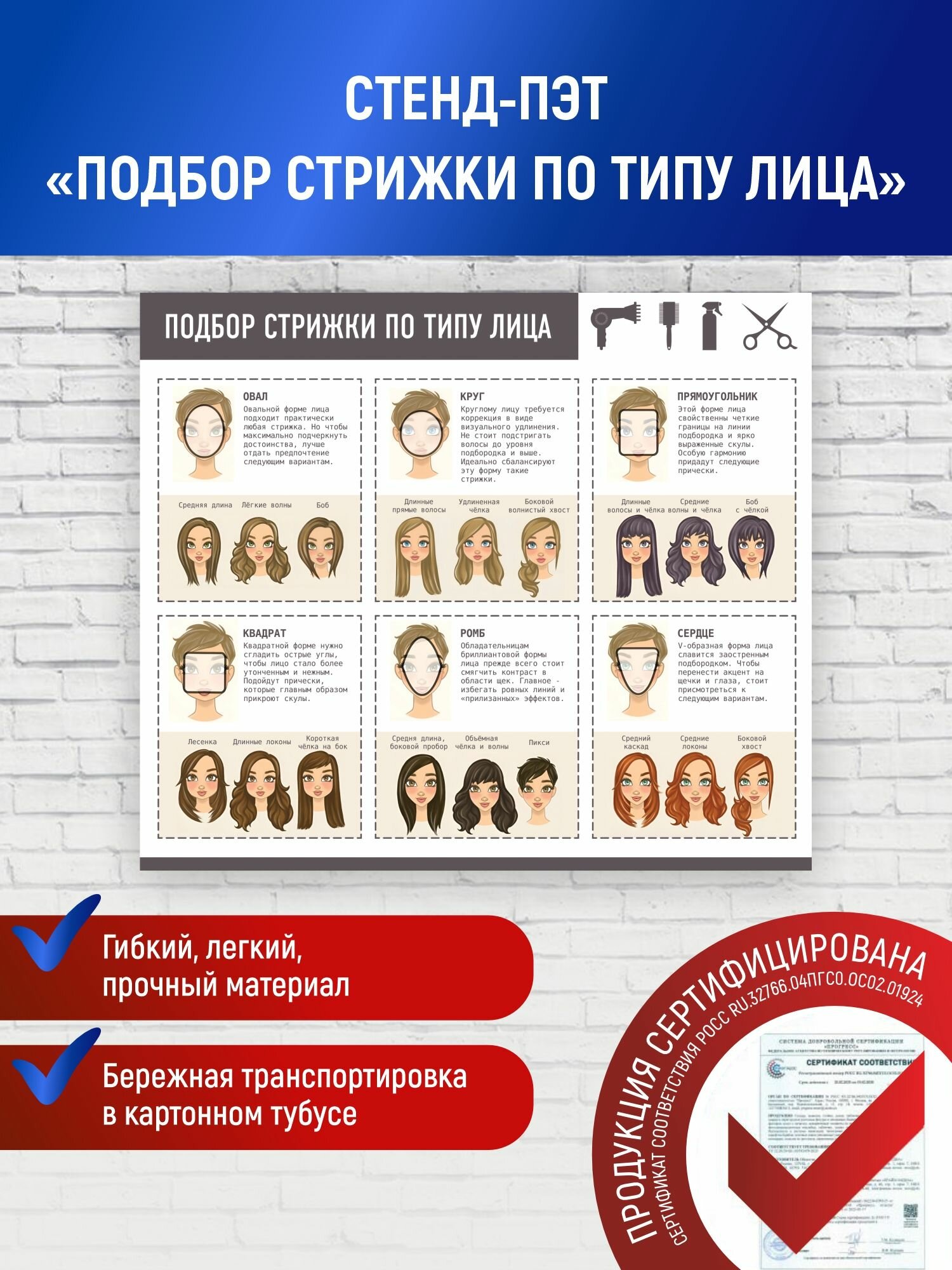 Плакат для салонов красоты "Подбор стрижки по типу лица 700х600мм, для парикмахерских, салонов
